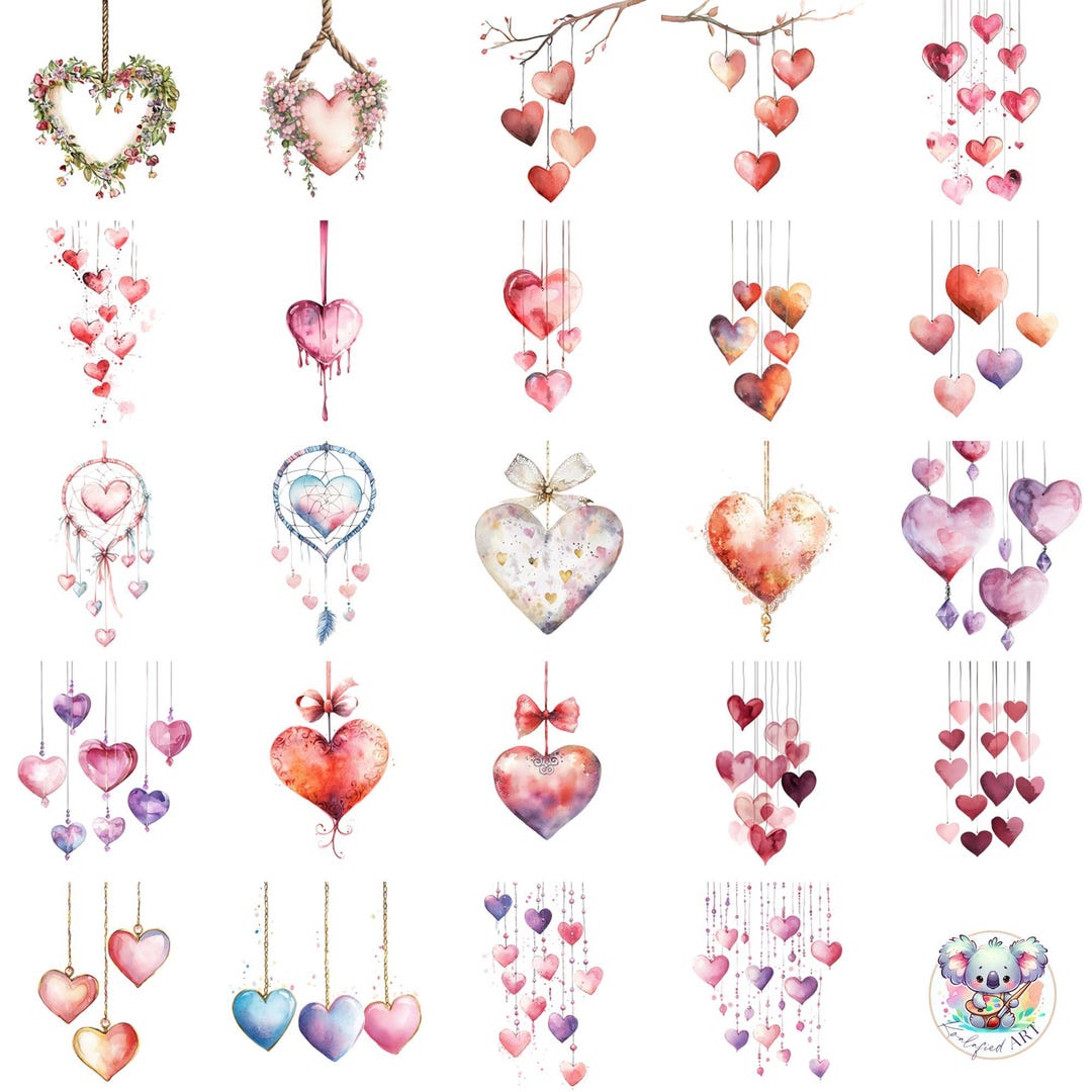 48 Romantic Hanging Hearts Clipart Watercolor Valentines Day ...