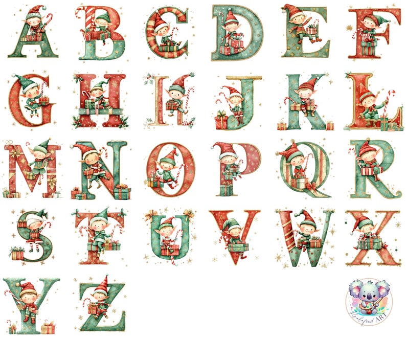 Christmas Elf Alphabet Clipart PNG, 84 Festive Holiday Letters A-Z, 3 ...