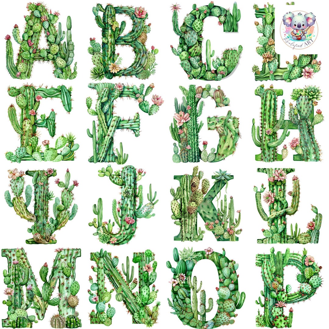 Complete Cactus Alphabet Clipart Pngs: 26 Botanical Letters With ...