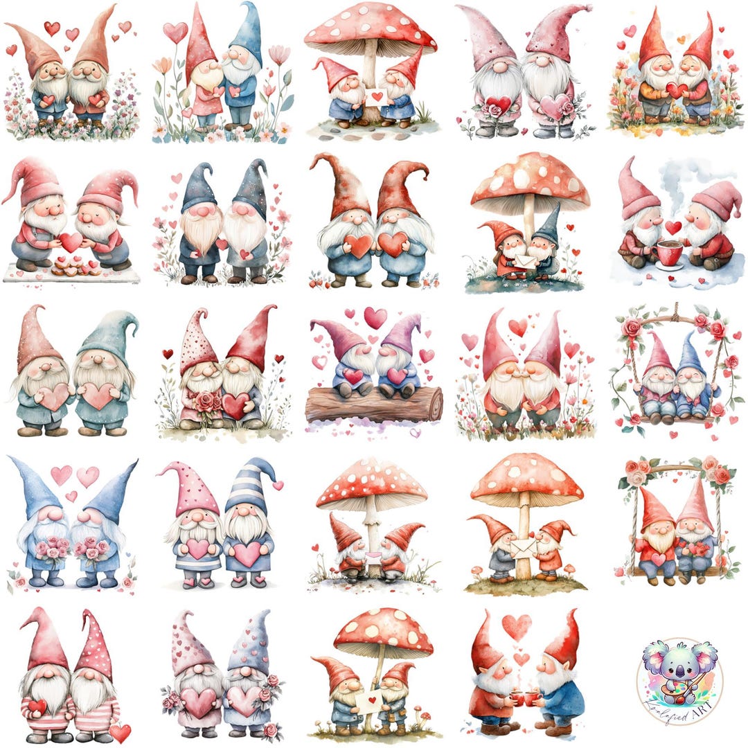 Watercolor Valentine Gnome Couple Clipart: 50 PNG Illustrations ...