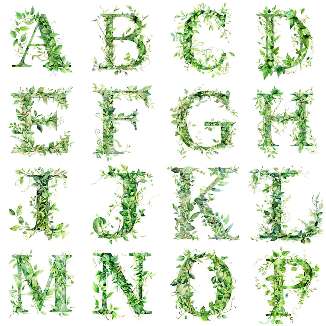 Watercolor Greenery Letter Alphabet Cliparts Pngs Set - 26 High ...