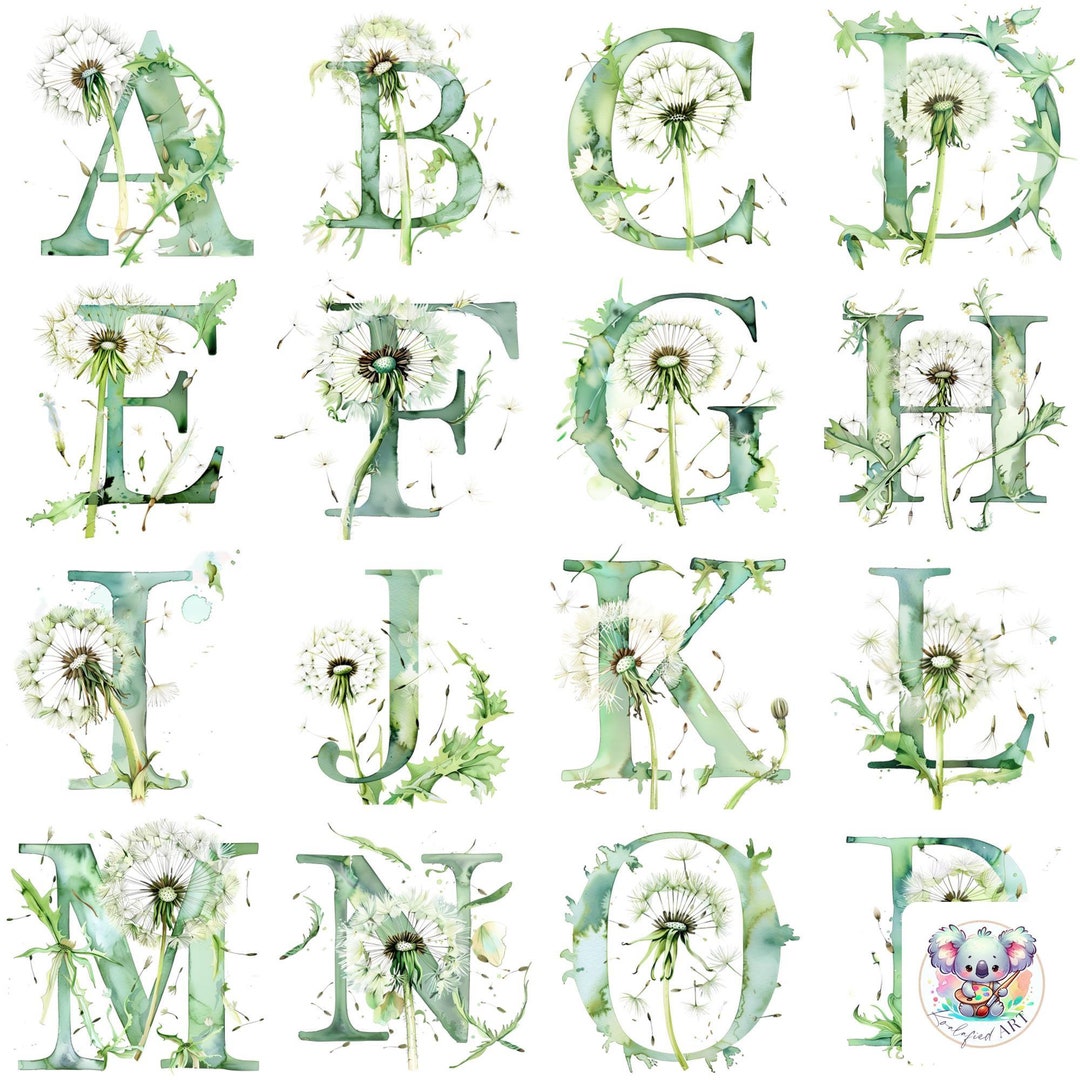 Watercolor Dandelion Alphabet Letters Clipart - 26 High-resolution 300 ...