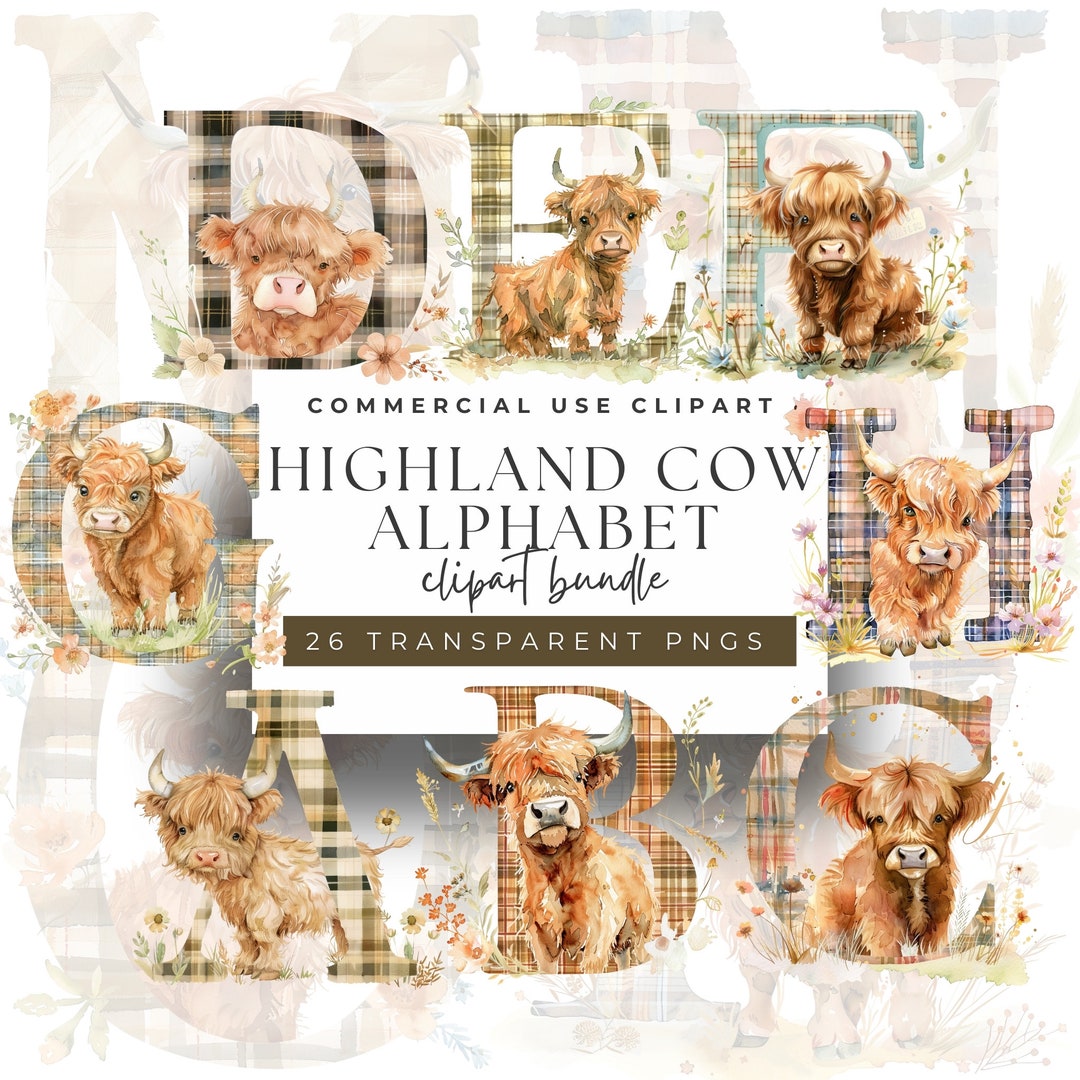 Farmhouse Alphabet - 26 Watercolor Highland Cow Letter Clipart Bundle ...