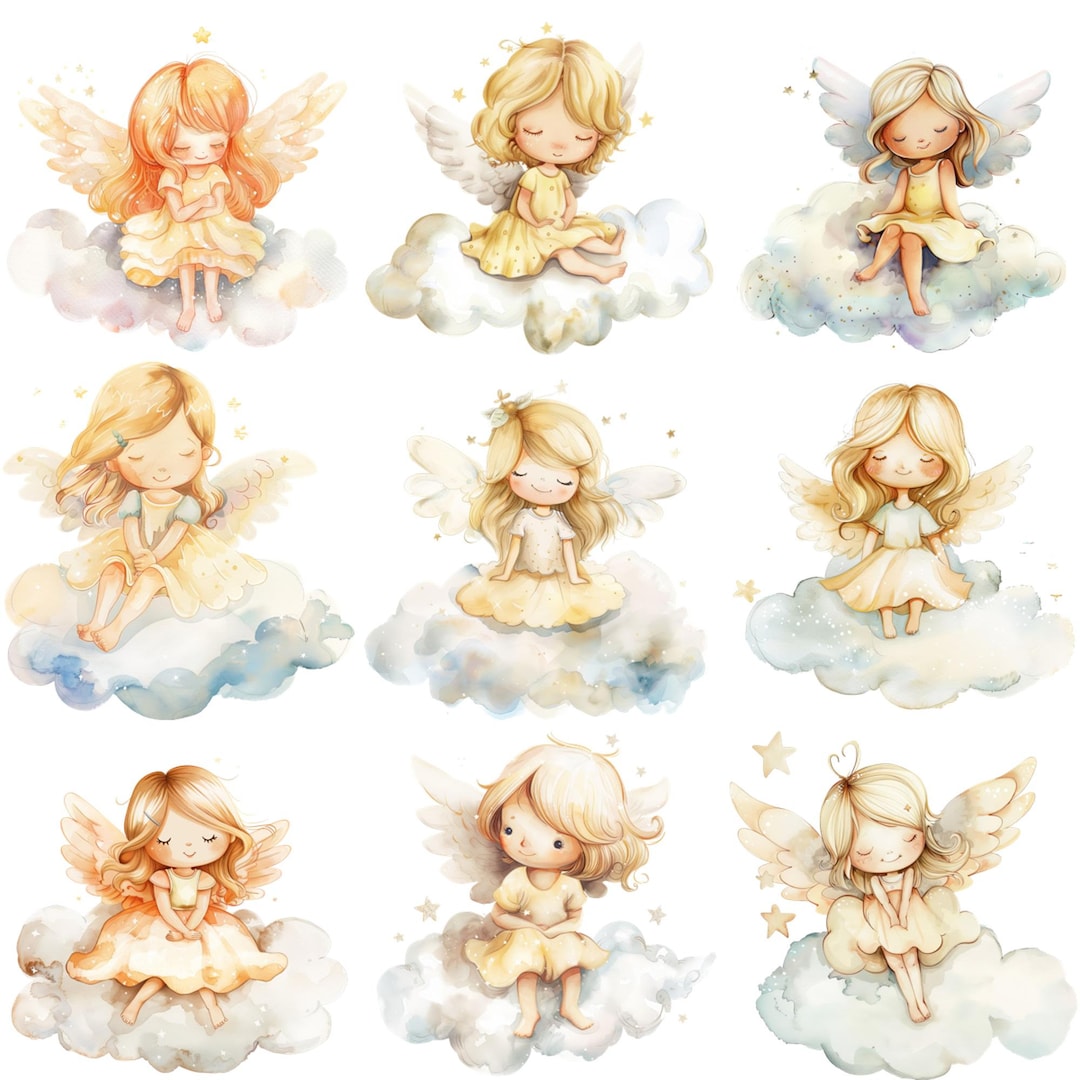 Watercolor Cute Angel on Cloud Clipart Pngs - 12 High-resolution 300 ...