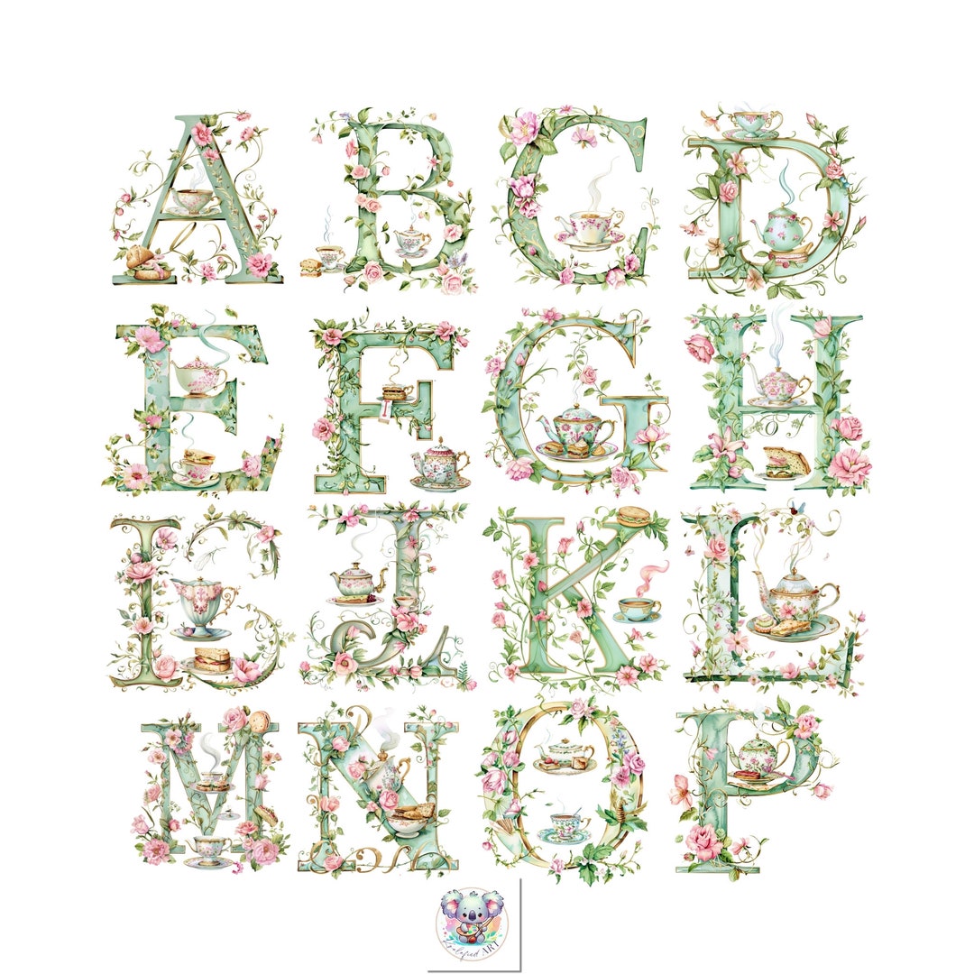 Floral Watercolor Tea Party Alphabet Clipart: 26 Letter Set (300 DPI ...