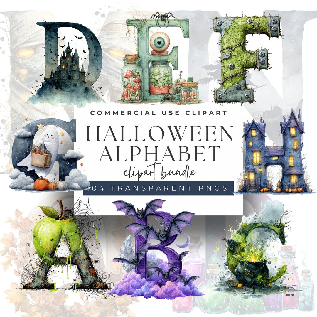 Halloween Alphabet Clipart PNG Bundle: 104 Spooky Letter Designs ...