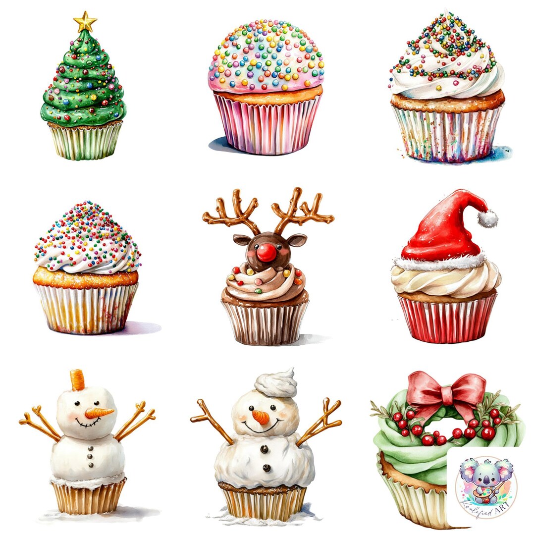 Watercolor Christmas Cupcake Clipart PNG: 40 Festive Dessert Designs ...