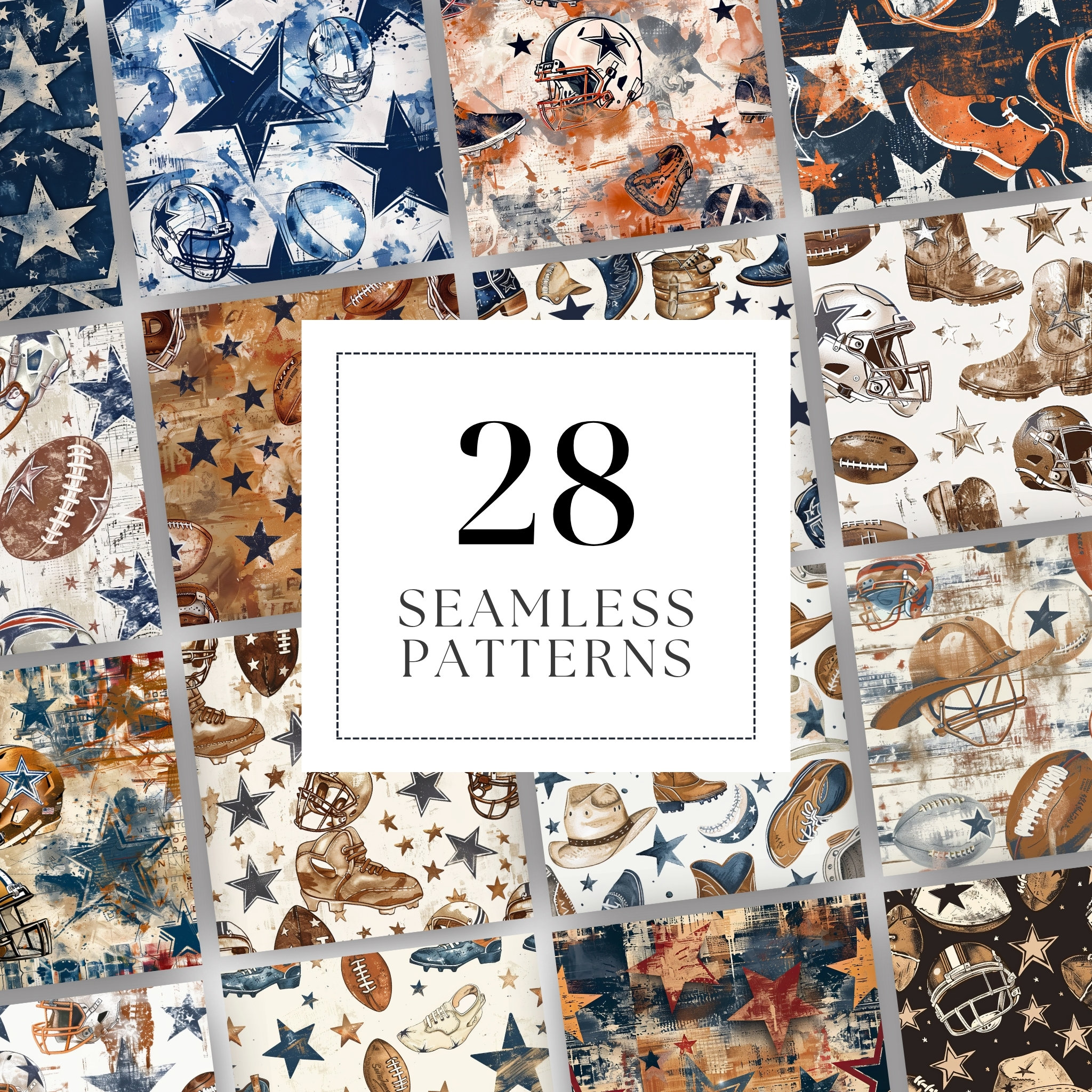 Rustic Cowboy Football Seamless Pattern Collection 24 Digital Paper 300 ...