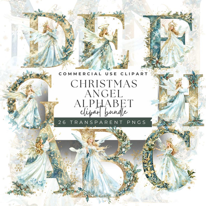Christmas Angel Alphabet Clipart: 26 Watercolor Holiday Letters (PNG ...