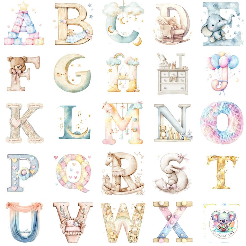 Nursery Alphabet Clipart Bundle, Pastel Letters, Baby Shower Decor ...