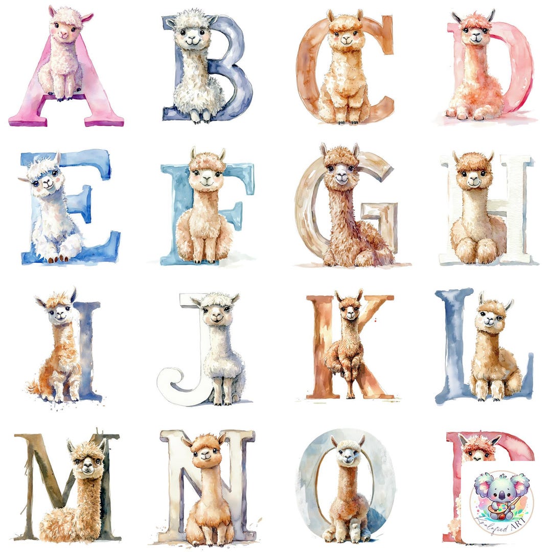 Watercolor Alpaca Alphabet Clipart: Nursery & Classroom (digital ...