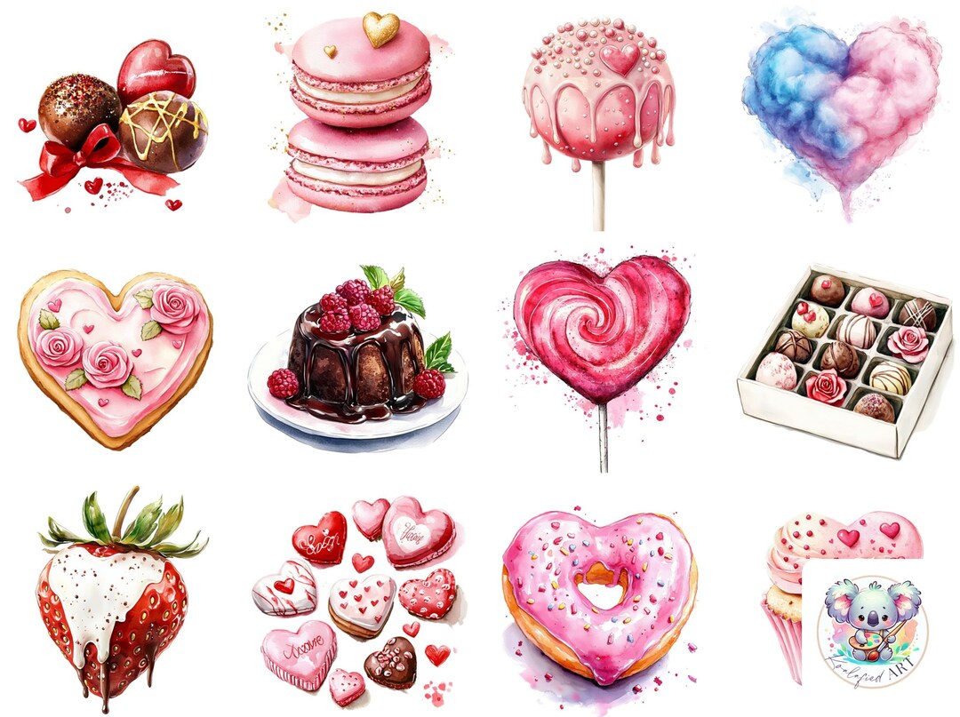 Watercolor Valentine Treats Clipart: Heart Desserts Digital Art (PNG ...