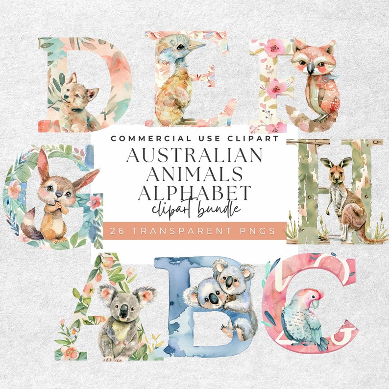 Australian Animals Alphabet Clipart: 26 Pngs for Baby Shower (300 DPI ...