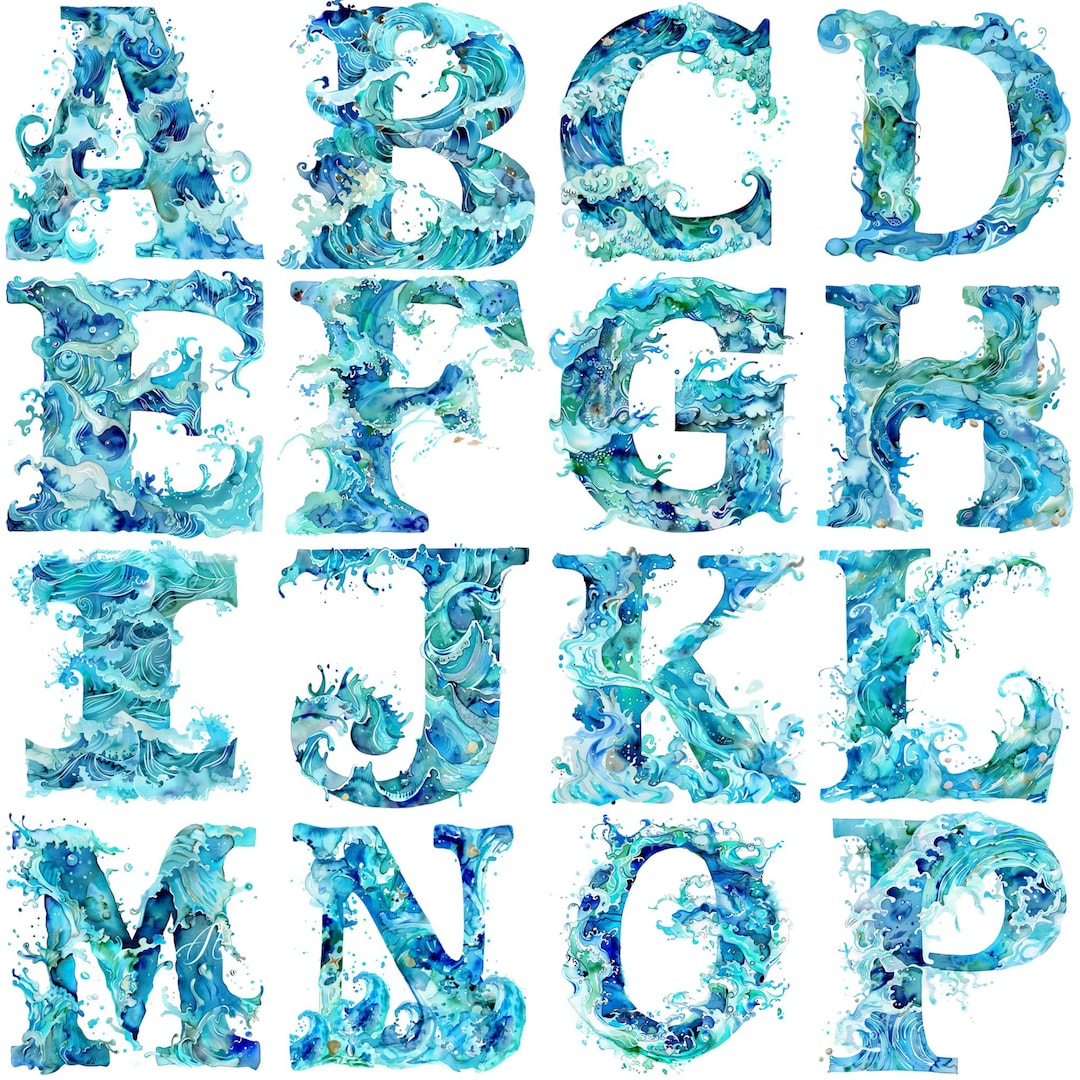 Beautiful Watercolor Ocean Letter Alphabet Cliparts Pngs Collection ...
