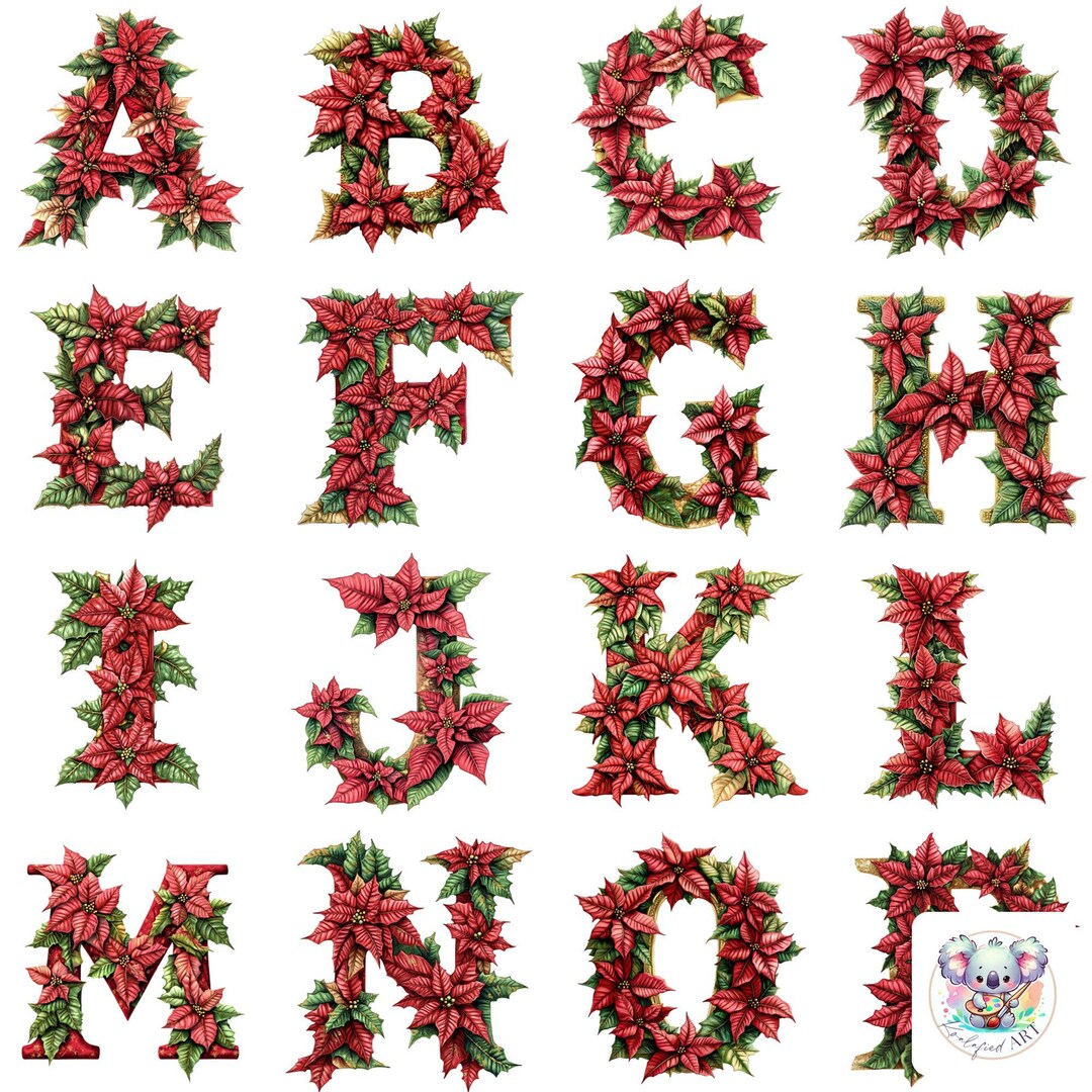Poinsettia Floral Alphabet Clipart: Christmas Watercolor Letters (PNG ...