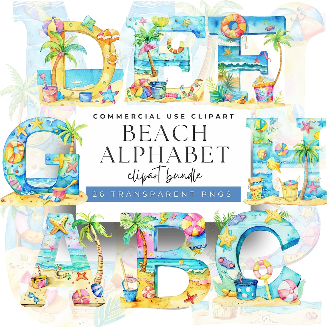 Tropical Typeface - Watercolor Beach Alphabet Clipart - 26 Paradise ...