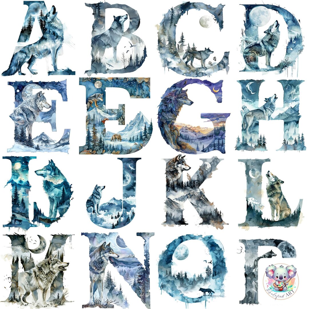 Watercolor Wolf Alphabet Letter Cliparts Pngs: 26 High-resolution 300 ...