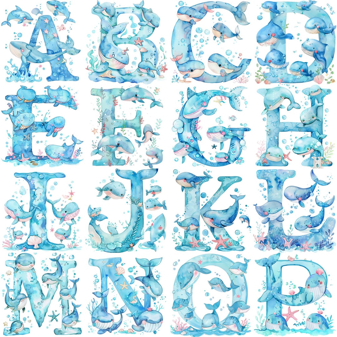Watercolor Whale Alphabet Letter Clipart PNG 26 High-resolution 300 DPI ...