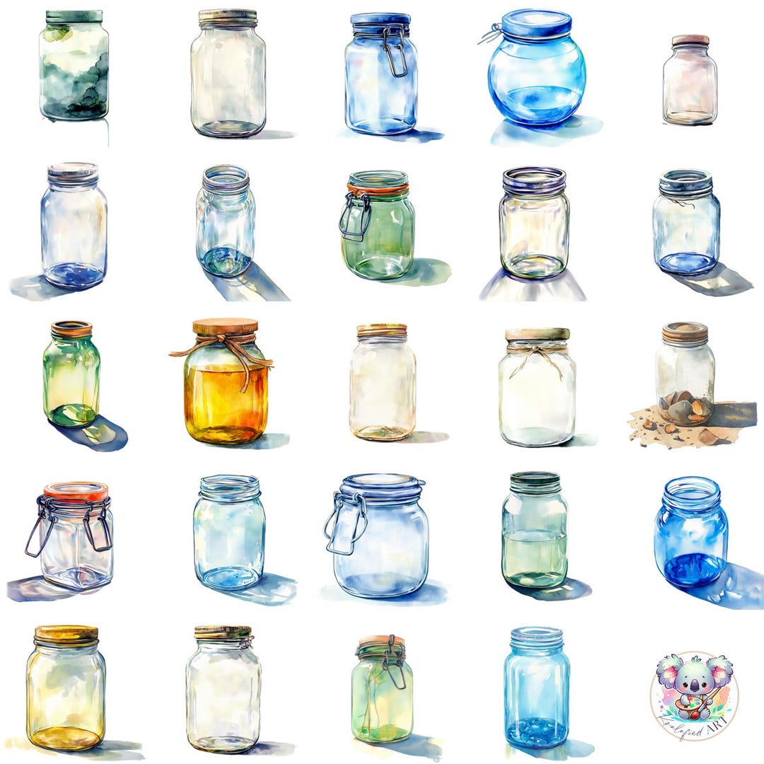 Watercolor Mason Jar Clipart: Transparent Glass Jars (PNG Digital ...