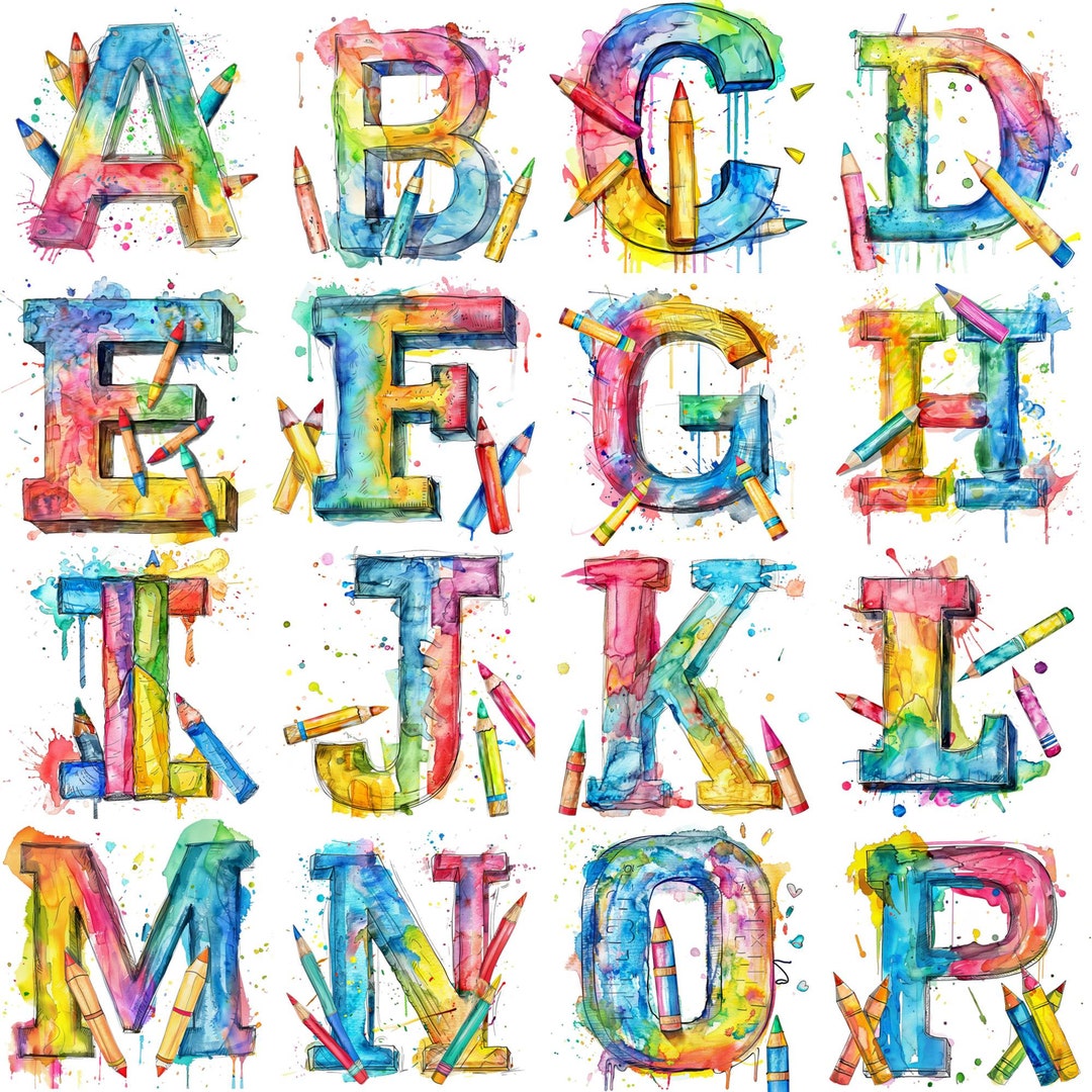 Watercolor Crayon Alphabet Clipart: 26 Colorful Letters (PNG) - Etsy