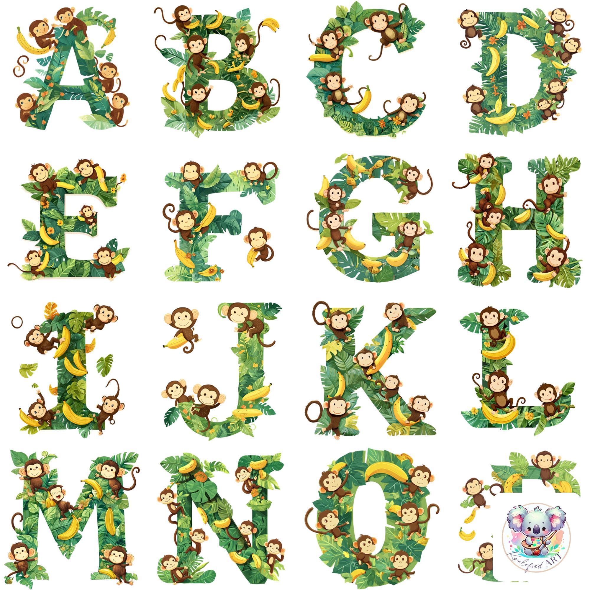 Monkey Alphabet Clipart: Jungle Safari Letters, Nursery Decor (digital ...