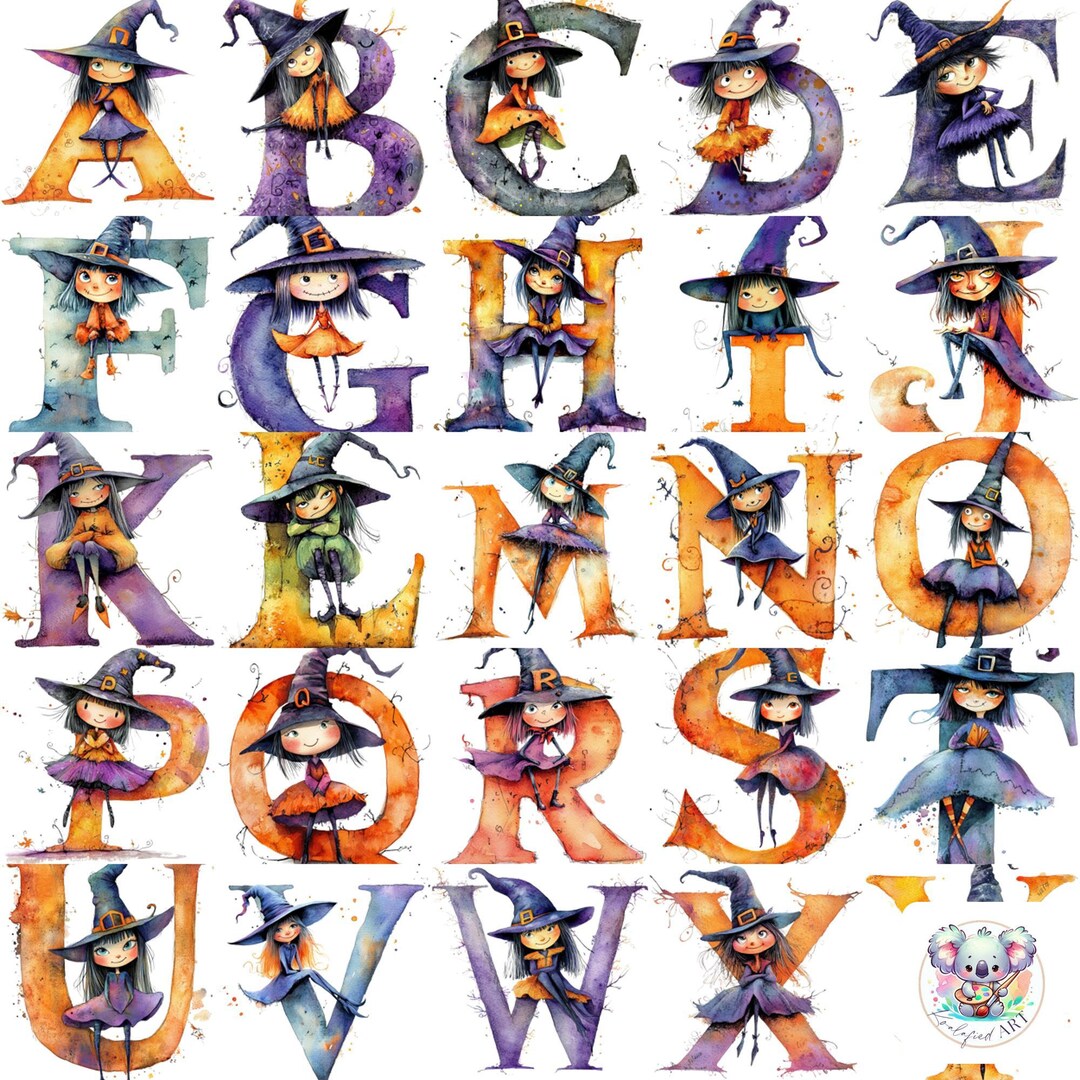 Halloween Witch Alphabet Clipart: 26 Whimsical PNG Letters (digital ...