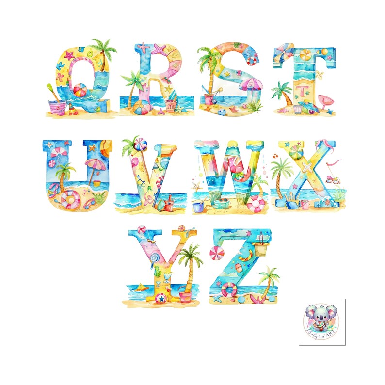 Coastal Characters Watercolor Beach Alphabet Clipart 26 Seaside Letter ...