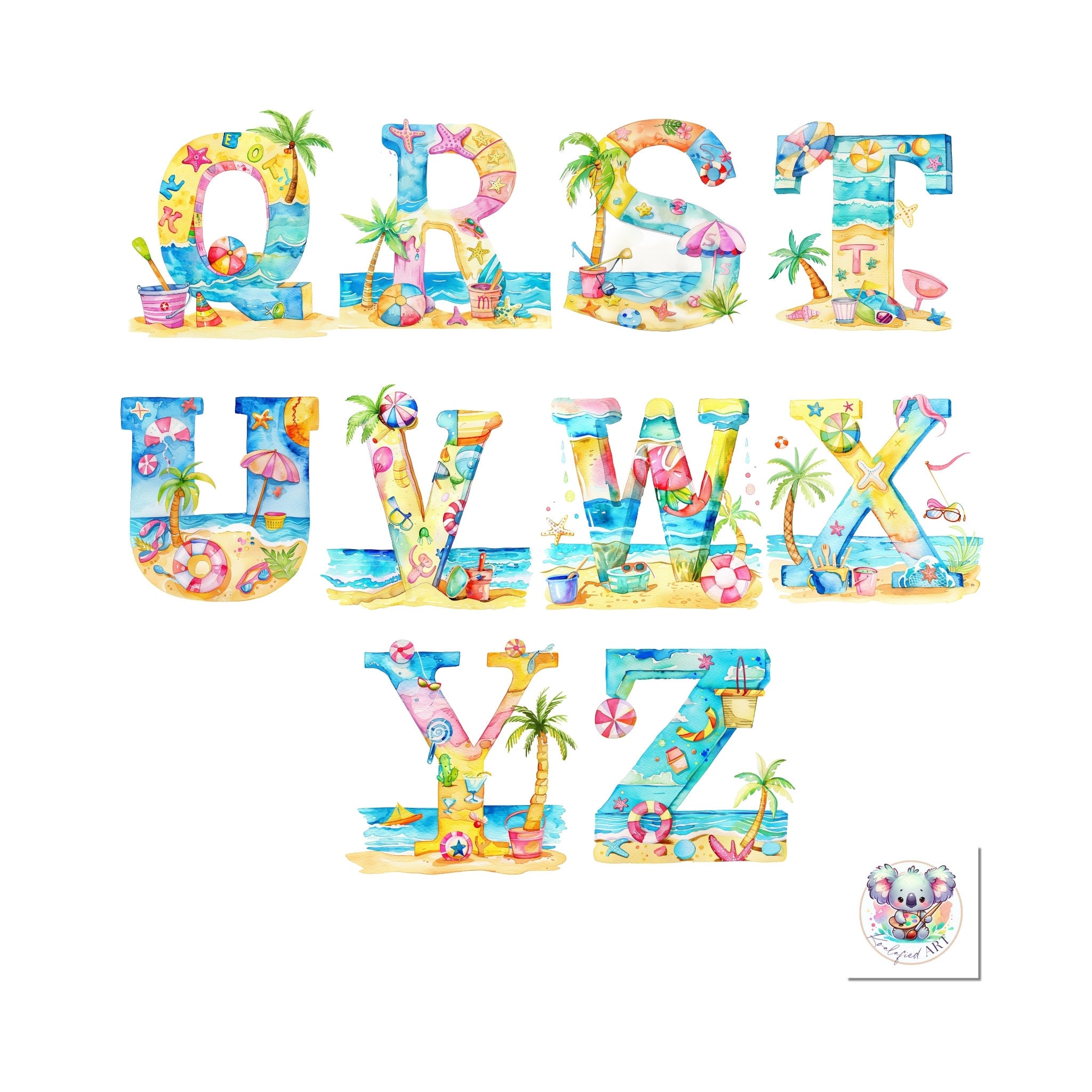 Coastal Characters Watercolor Beach Alphabet Clipart 26 Seaside Letter ...