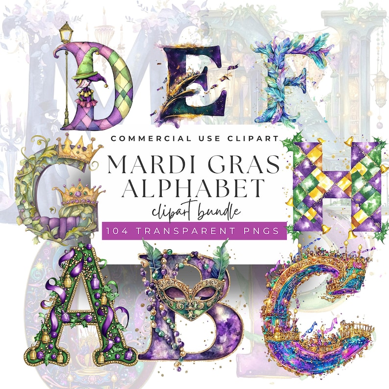 Mardi Gras Alphabet Clipart PNG: New Orleans Carnival Letters (digital ...
