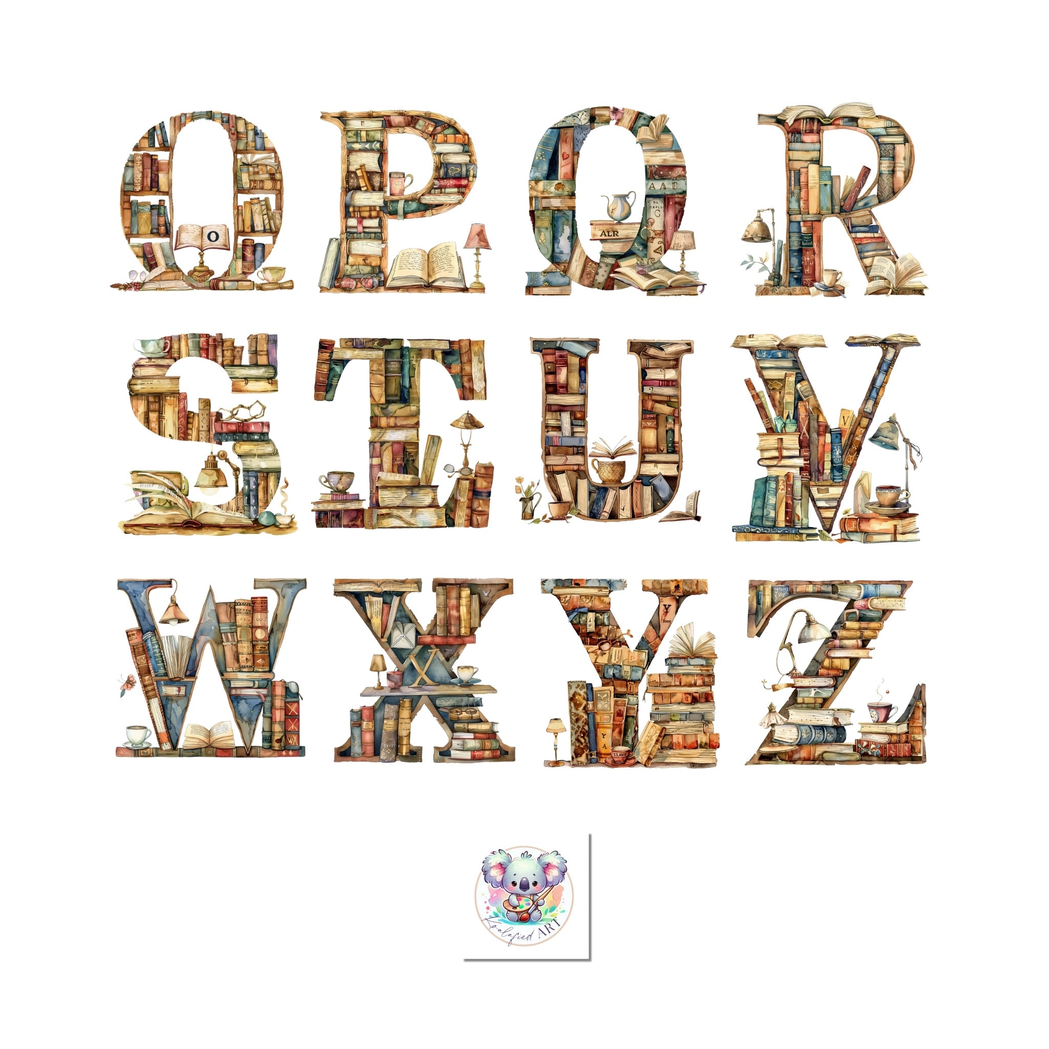 Antique Bookshelf Letters - Watercolor Vintage Alphabet Clipart ...