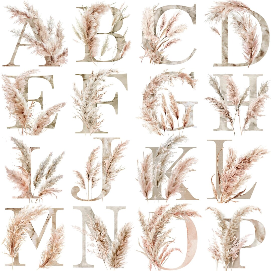 Watercolor Pampas Grass Alphabet Clipart Pngs: 26 High-resolution 300 ...
