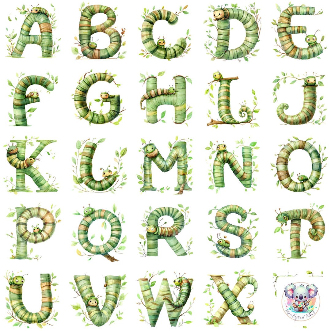 Watercolor Caterpillar Alphabet Clipart: Whimsical Bug Letter Pngs (A-Z ...
