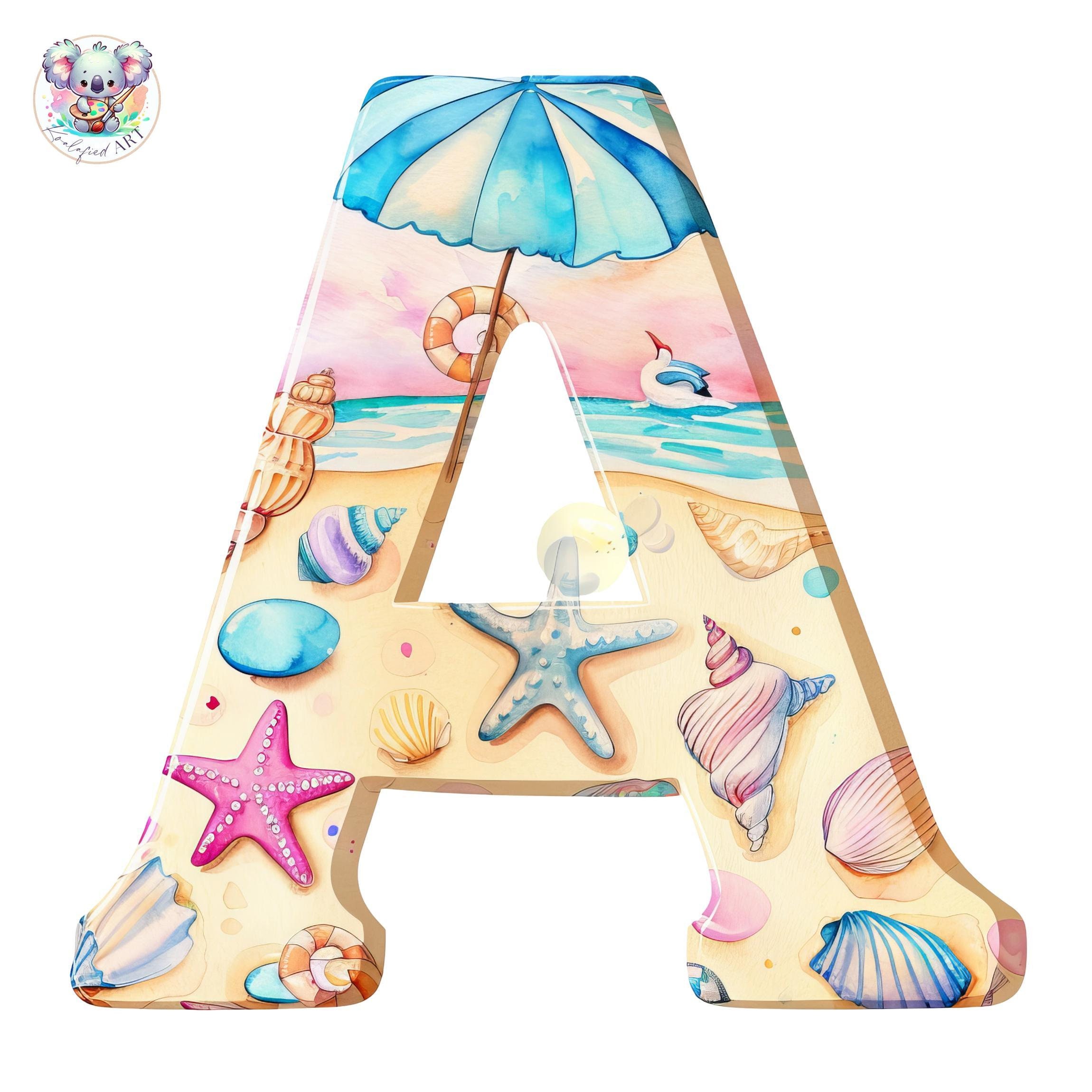 Summer Beach Watercolor Alphabet Clipart Pngs: 26 Complete Letters ...