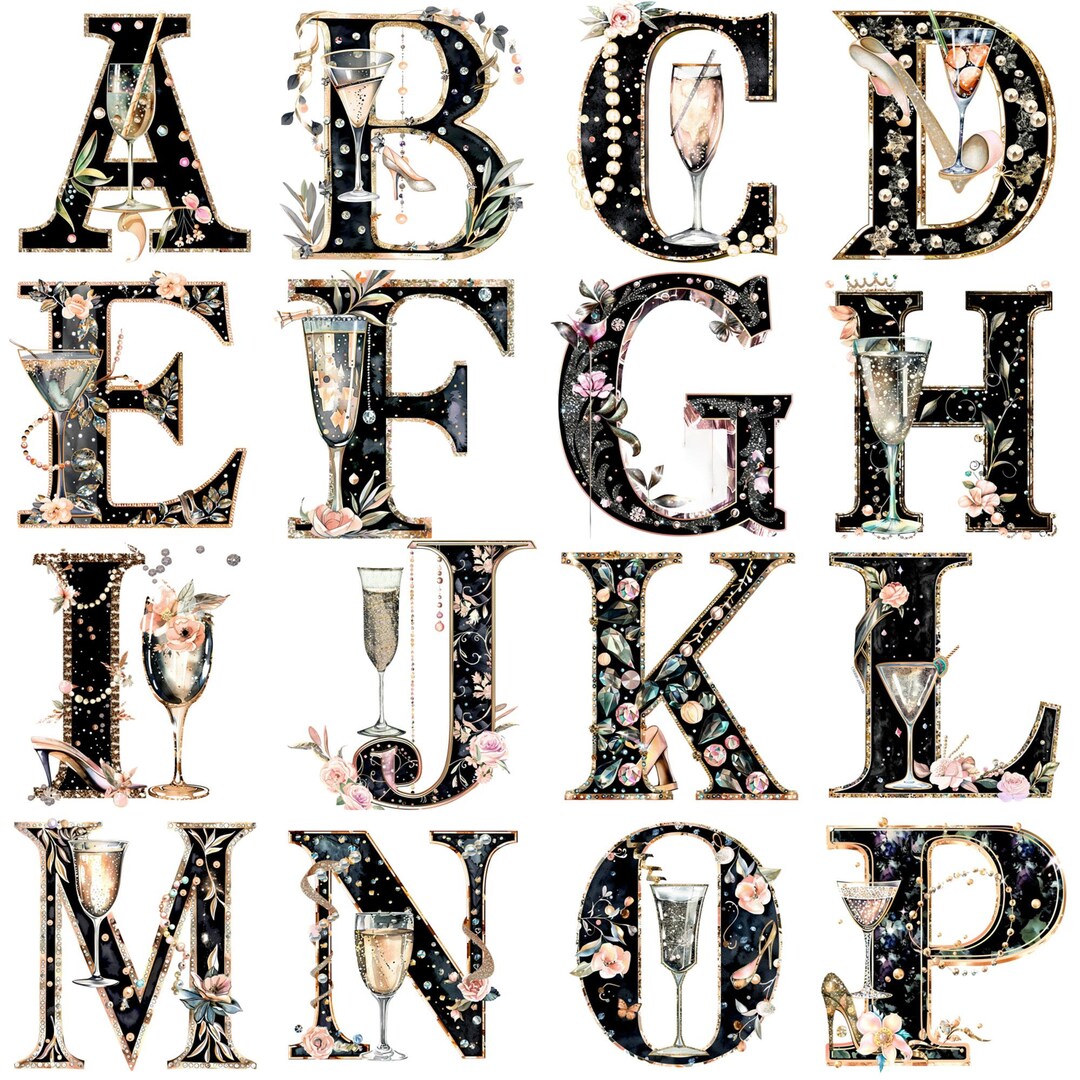 Watercolor Champagne Alphabet Clipart: Elegant Floral Letters (PNG ...