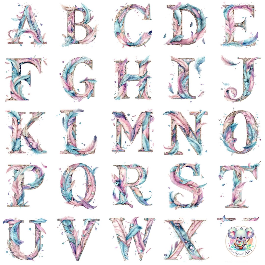Watercolor Feather Alphabet Clipart: Boho Pink & Blue Letters (PNG ...