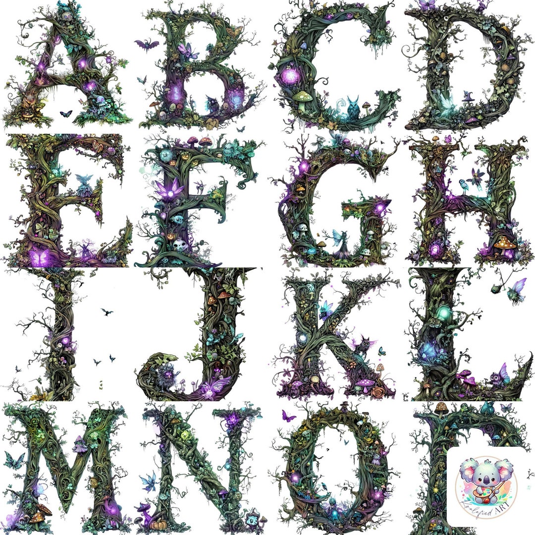 Mystical Enchanted Forest Alphabet Clipart Set - 26 A-Z Letters With ...