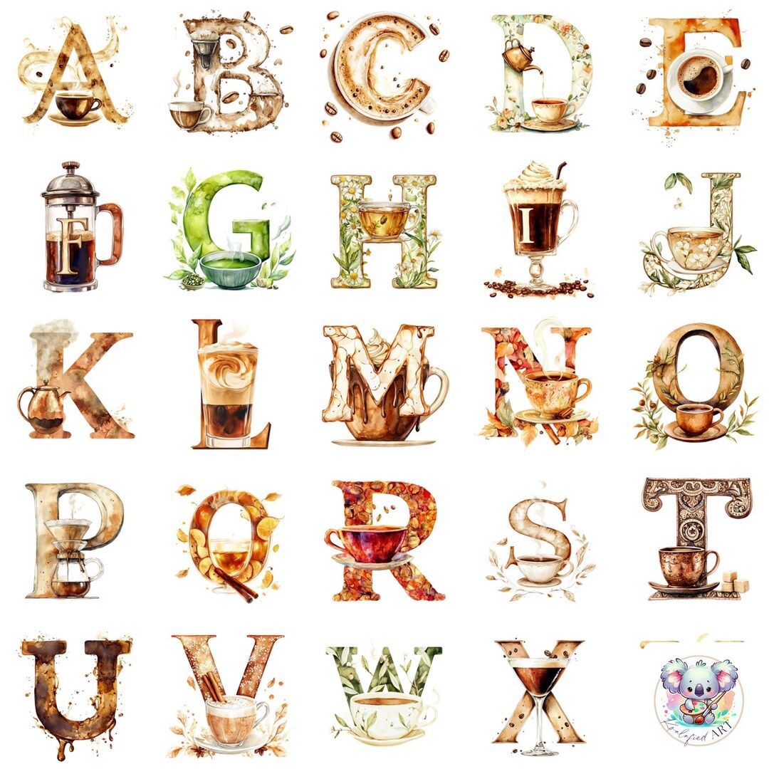 Watercolor Coffee Tea Alphabet Clipart: Transparent PNG Letters ...