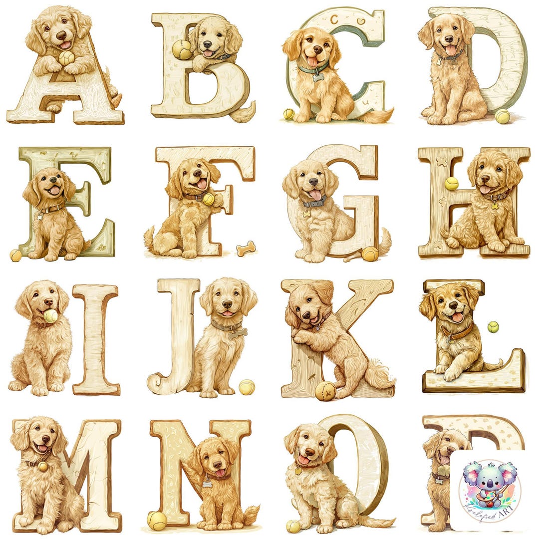 26 Golden Retriever Alphabet Clipart Adorable Watercolor Dog Letters A ...