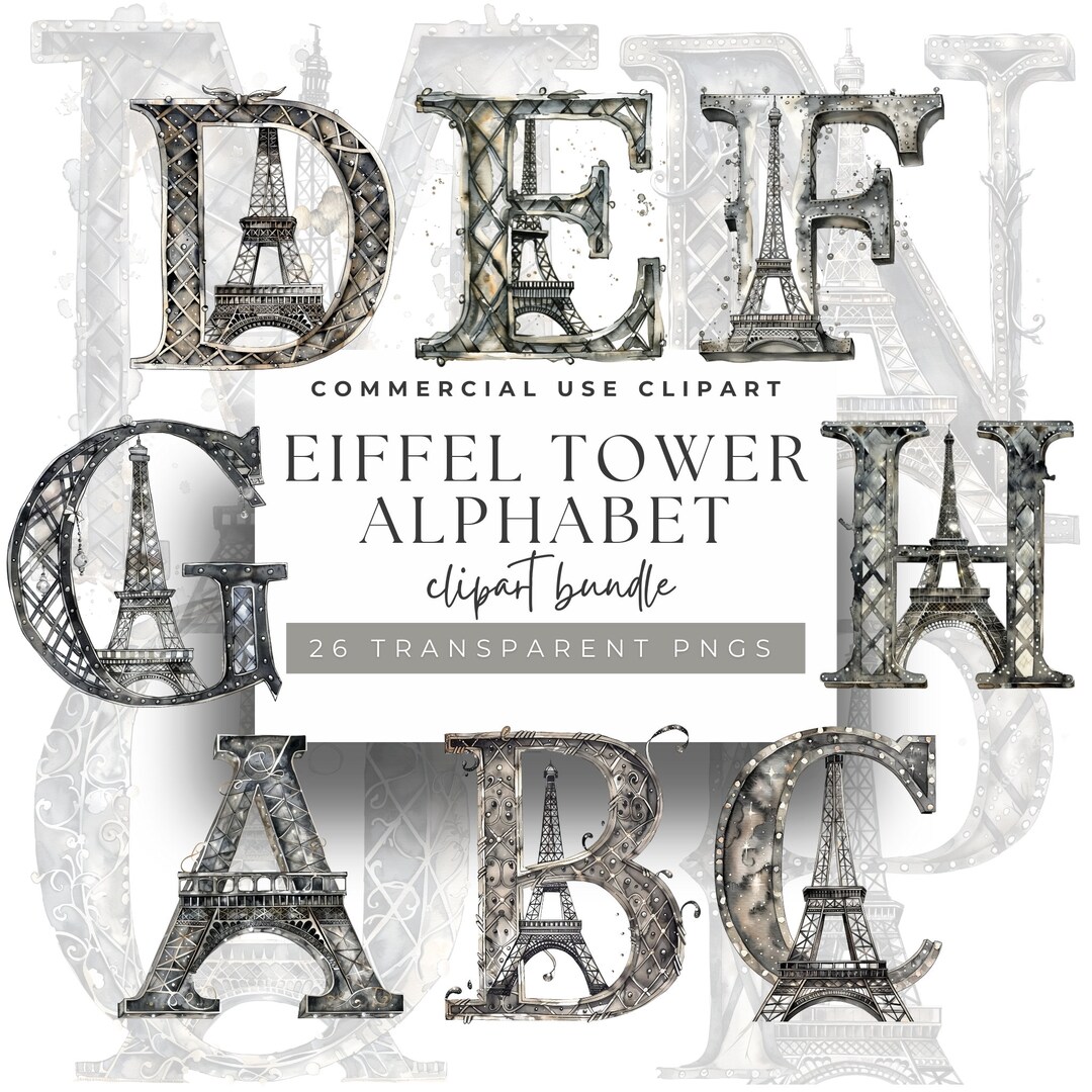 Watercolor Paris Eiffel Tower Letter Alphabet Clipart 26 Chic Pngs, 300 ...