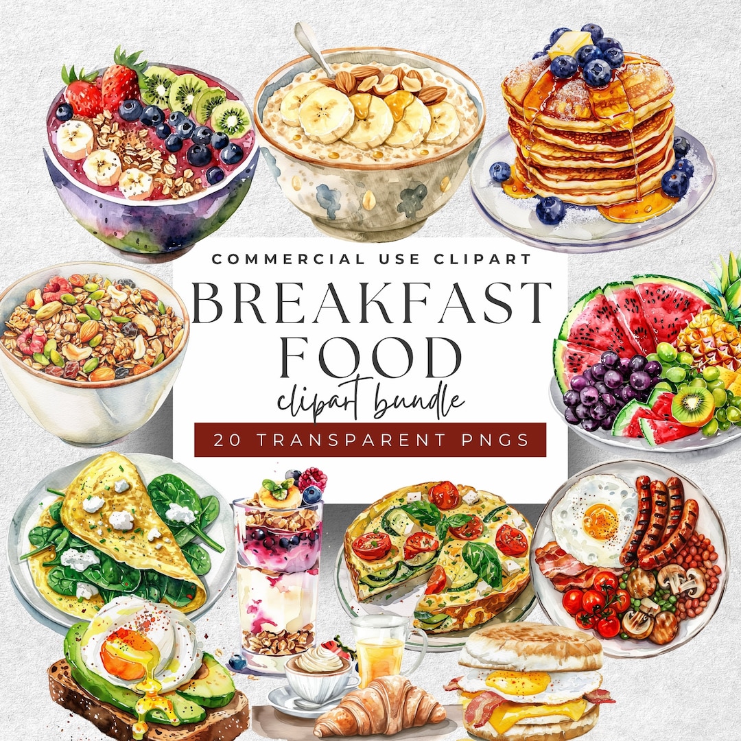 Watercolor Breakfast Food Clipart: 20 PNG Brunch Illustrations (300 DPI ...