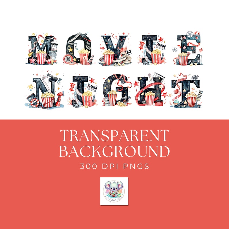 Watercolor Movie Night Letter Alphabet Clipart 26 Cinema-themed Pngs ...