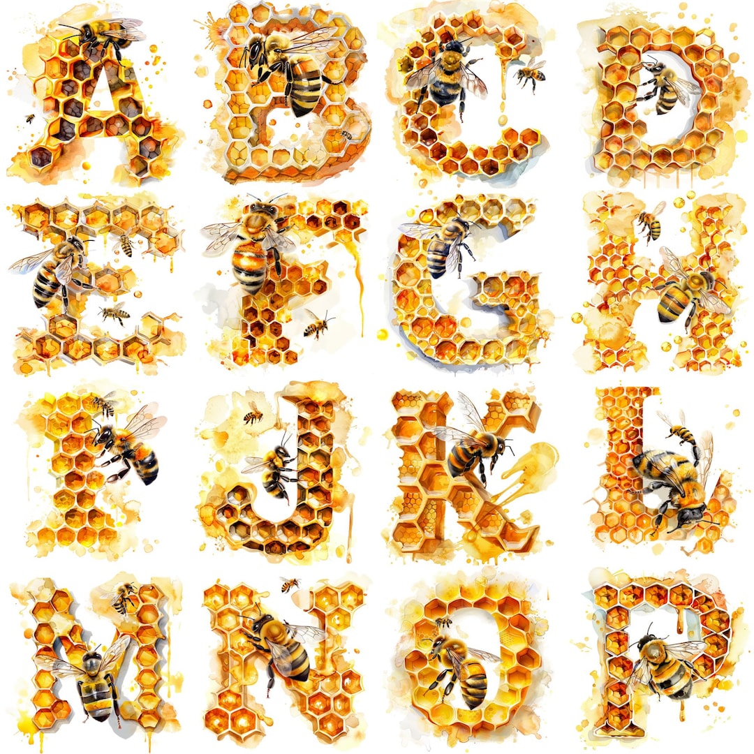 Watercolor Bee on Honeycomb Alphabet Letter Clipart PNG: 26 High ...