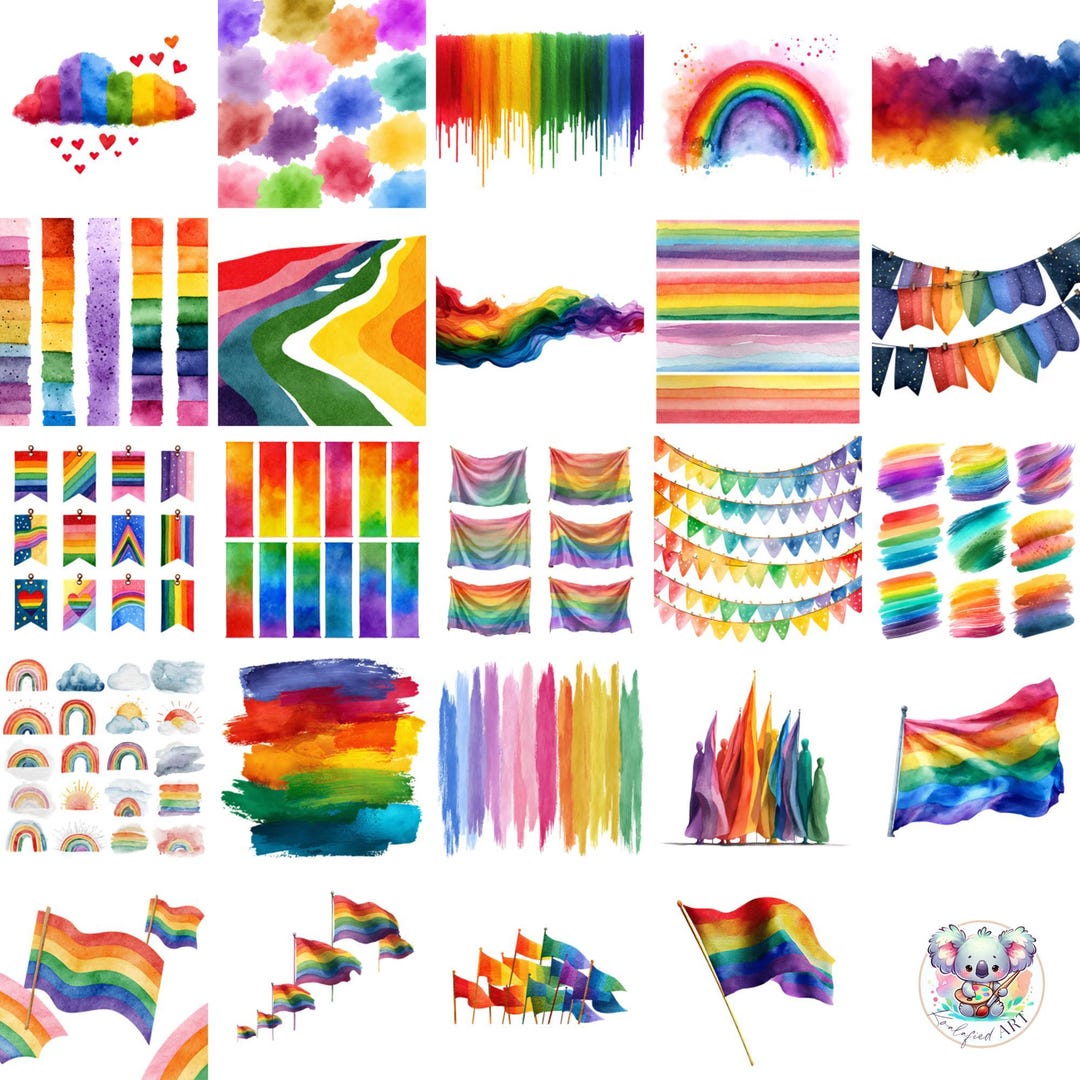 LGBTQIA Pride Rainbow Clipart: Watercolor Flags, Hearts, Brush Strokes ...