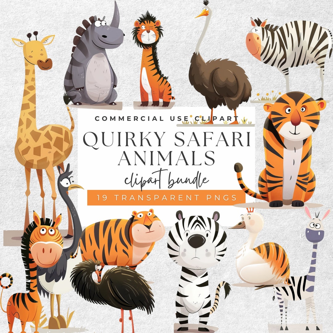 19 Quirky Safari Animals Clipart PNG Bundle: Cute Zoo Wildlife Digital ...
