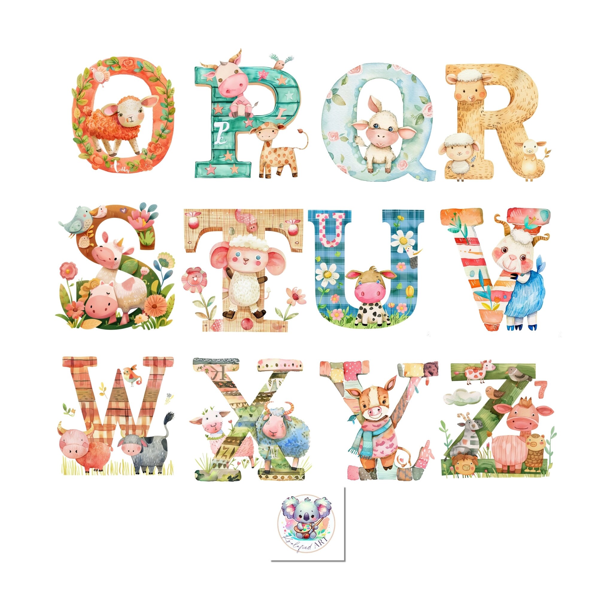 Rustic Alphabet Charm 26 Farm Animals Clipart Letters High-resolution ...