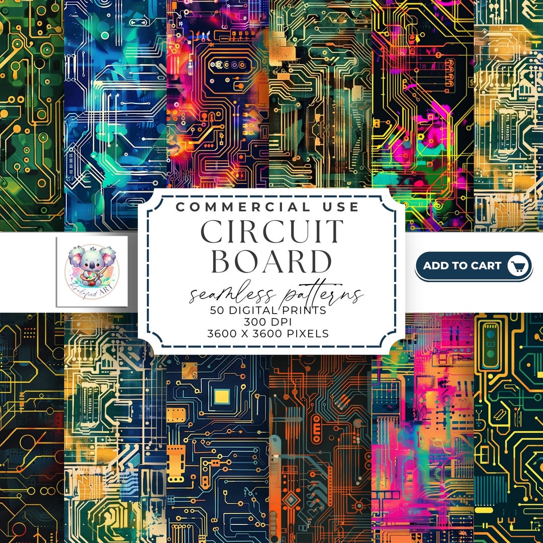Watercolor Circuit Board Seamless Pattern Digital Paper Set - 50 High ...