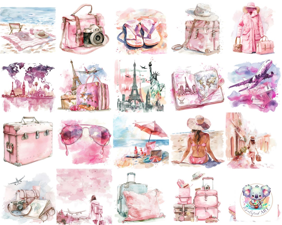 Vibrant Watercolor Travel Clipart Pink Girly Pngs: 100 High-quality 300 ...