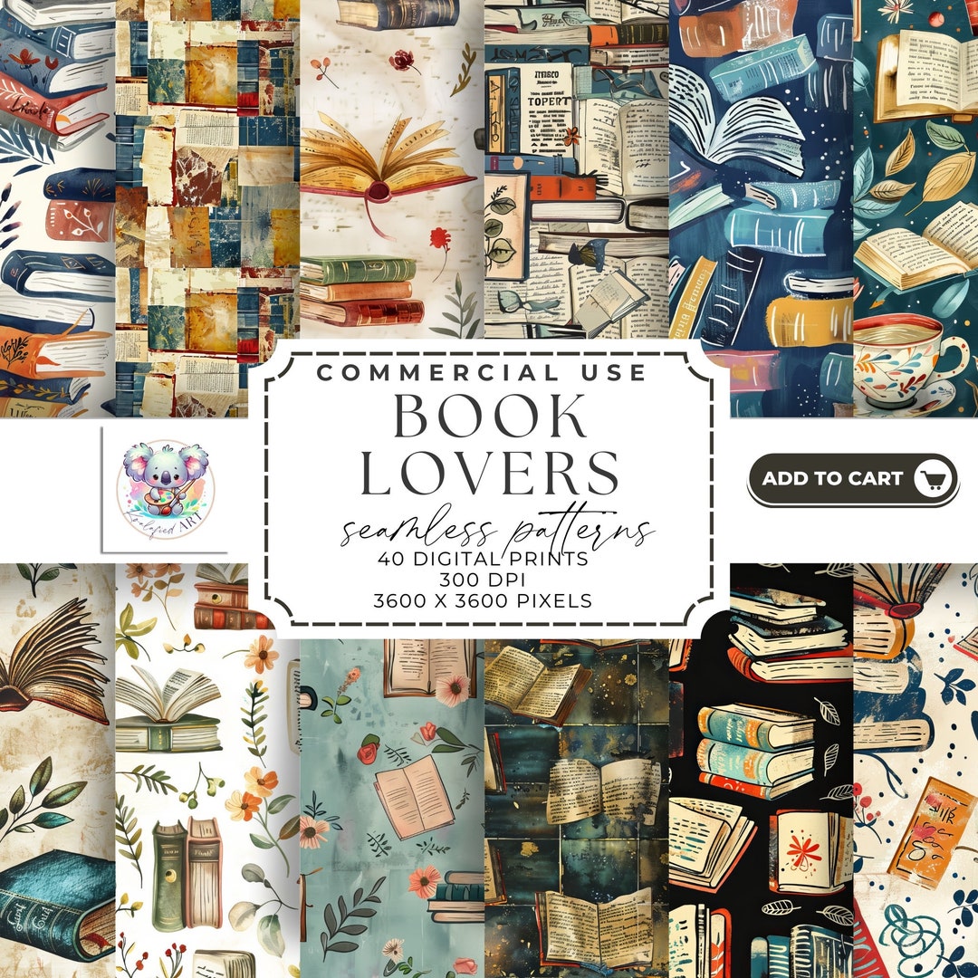 Books Digital Paper Pack: Seamless Library Patterns for Crafting, 40 ...