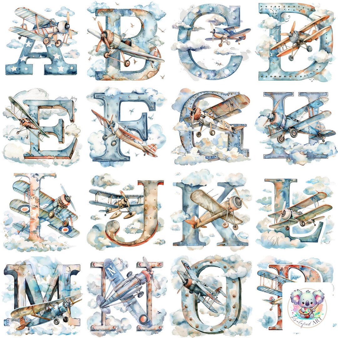 Retro Flying ABC: Complete Vintage Plane Alphabet Letter Cliparts Pngs ...