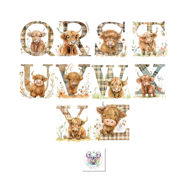 Country Elegance - Watercolor Highland Cow Alphabet Clipart Collection ...